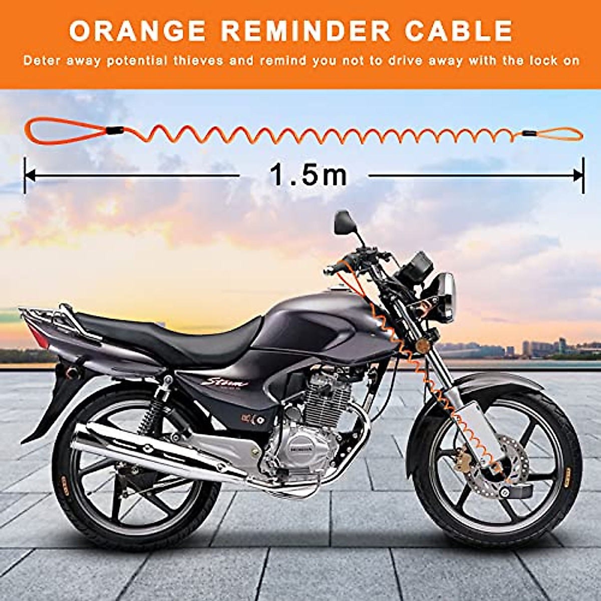Motorcycle Alarm Disc Brake Lock, Motorcycle Locks Anti-Theft Security Wheel Disc Lock Waterproof 110dB Alarm Sound with 5ft Reminder Cable Keys and Carry Pouch for Motorbike Bike Scooter
