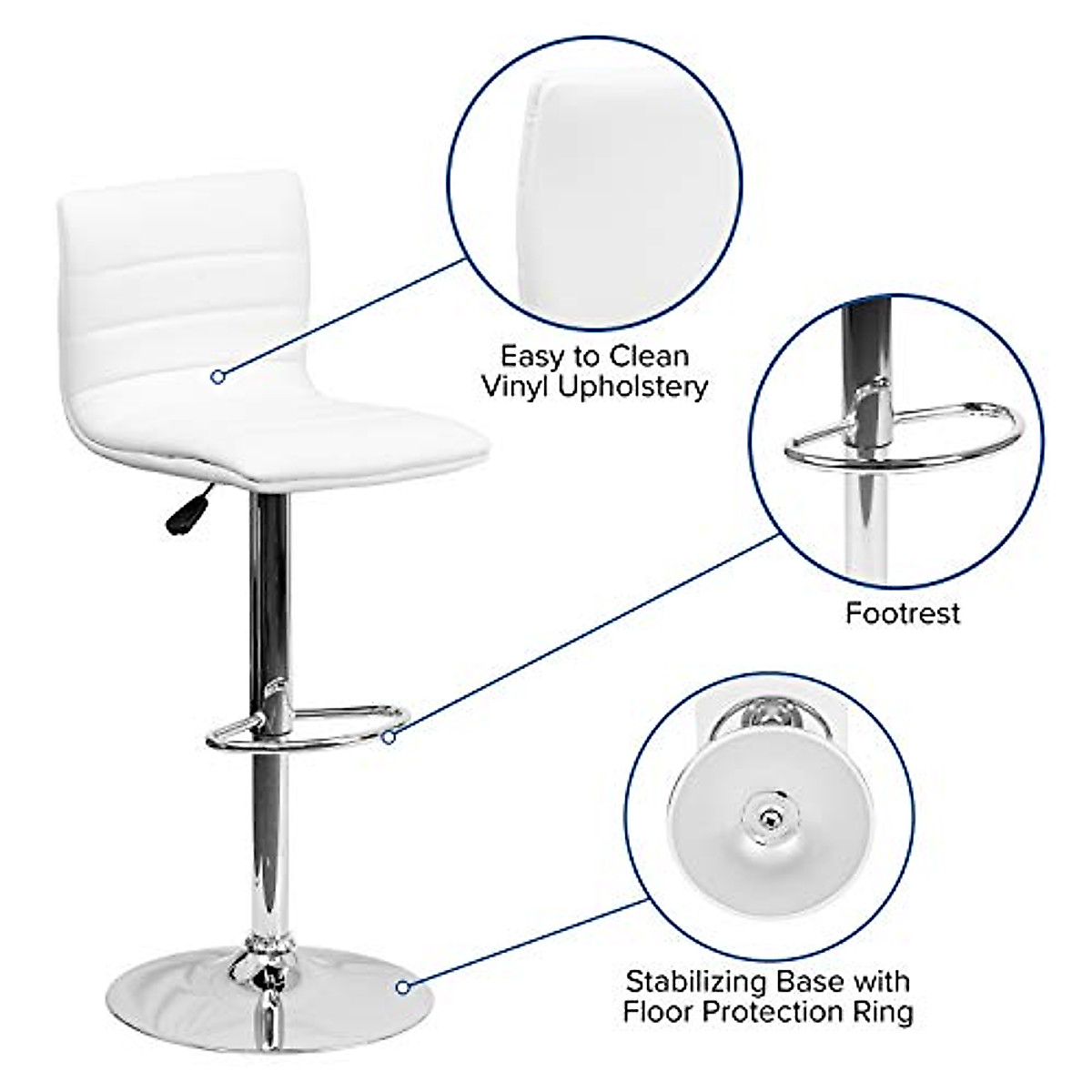 Flash Furniture Vincent Modern White Vinyl Adjustable Bar Stool with Back, Swivel Stool with Chrome-Pedestal Base and Footrest