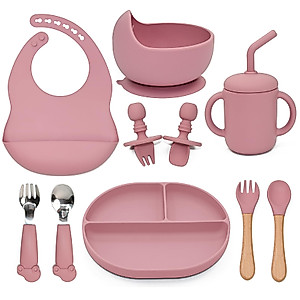 SILI FACTORY Silicone Baby Feeding Set - 10PCS Suction Bowl and Divided Toddler Plates Adjustable Bib Sippy Cup Spoons Forks -Baby Led Weaning Supplies,Toddler Baby Dish Set for 6+ Months