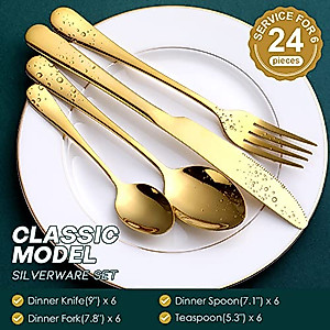 Gold Silverware Set, OGORI 24-Piece Gold Forged Stainless Steel Flatware Set, Service of 6