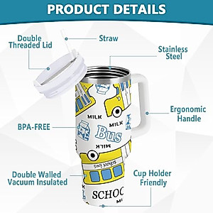 ARGTILDN 30 oz Tumbler School Bus Car Cartoon Insulated Travel Mug with Handle and Straw Lid Stainless Steel Vacuum Coffee Cup Tea Beverage Container Water Bottles for Car Sports office