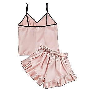 LYANER Women's Satin Silk 2pcs Set Pajamas V Neck Cami Top With Self Tie Shorts Pj Sst Sleepwear Dusty Pink Medium