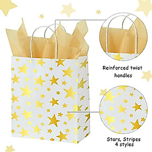 12 Pack Gift Bags with 12 Tissues,13x10.2x4.7 Inches Large Gift Bags Goodie Bags, Gold Medium Gift Paper Bags with Handles for Birthday Party Bags, Bussiness Bags, Wedding Bags, Valentines Day Christmas Gifts Bags(4 Styles)
