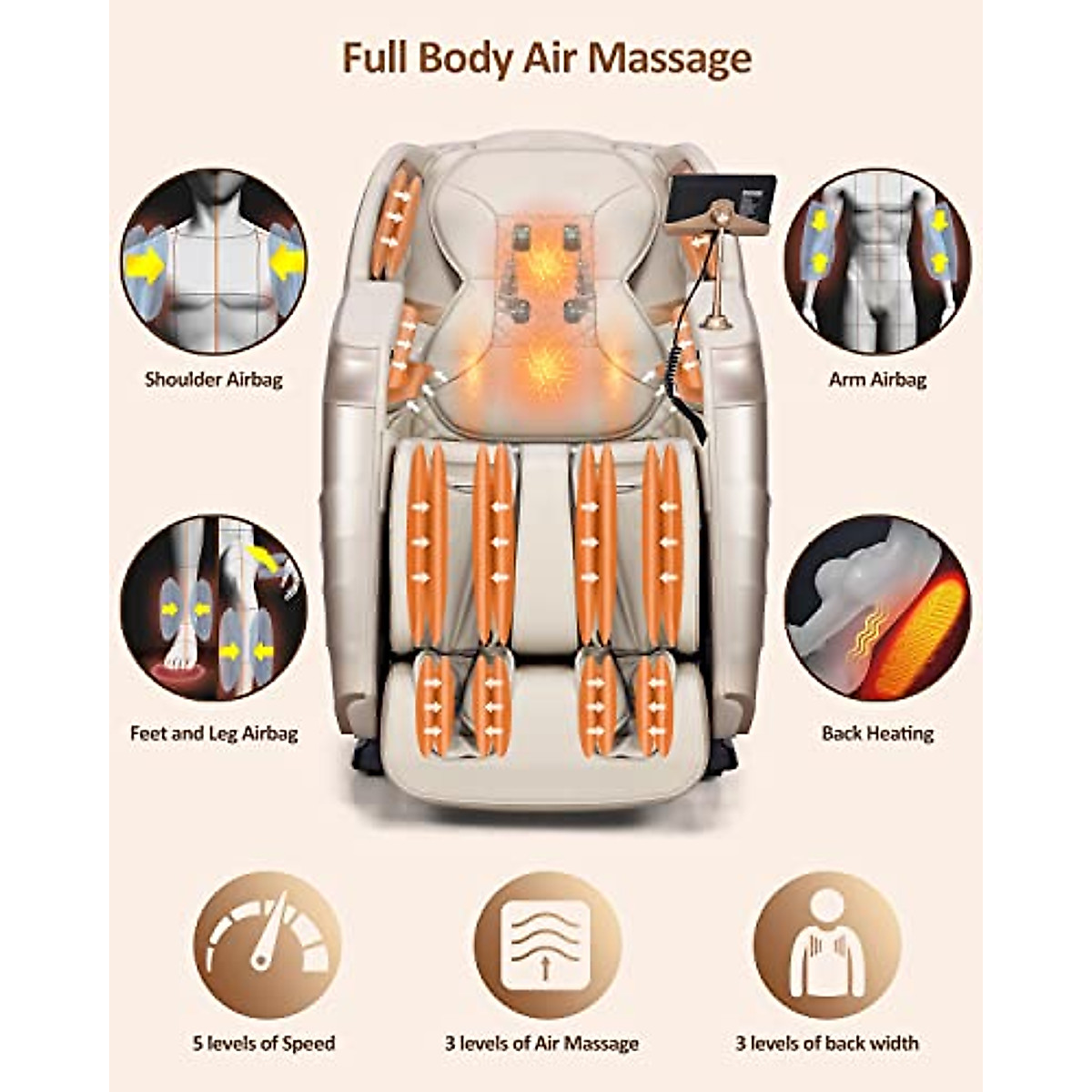 RELX Massage Chair Full Body Zero Gravity SL-Track Shiatsu Massage Chair, 12 Modes, Airbag Massage, with Yoga Stretch, Foot Massage, AI Control（Cream）