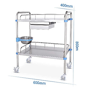 BBIJK Double-Layer Stainless Steel Trolley, Portable Trolley with Upper Drawer, Mobile Dressing Trolley with Wheels, Bearing 70k