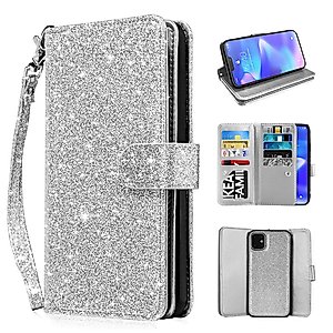 Newseego Compatible iPhone 11 Pro Max Leather Case 6.5 Inch,Glitter Faux PU Leather Magnetic Closure Multi-Credit Card Slot Cash Holder Detachable 2 in 1 Wallet Cover with Wrist Strap-Silver