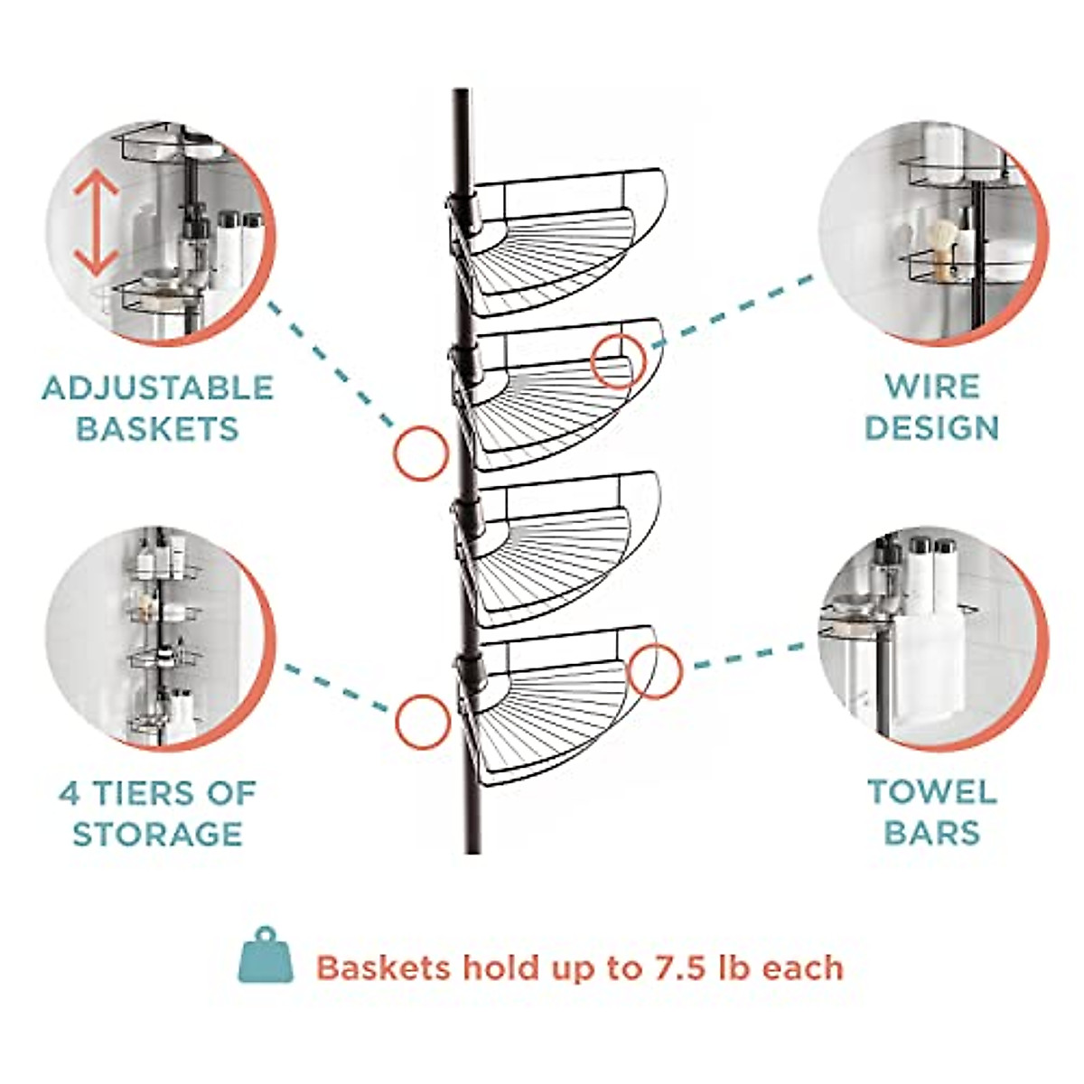 Zenna Home Rust-Resistant Corner Shower Caddy for Bathroom, 4 Adjustable Shelves and Towel Bar, with Tension Pole, for Bath and Shower Storage, 60-97 Inch, Bronze