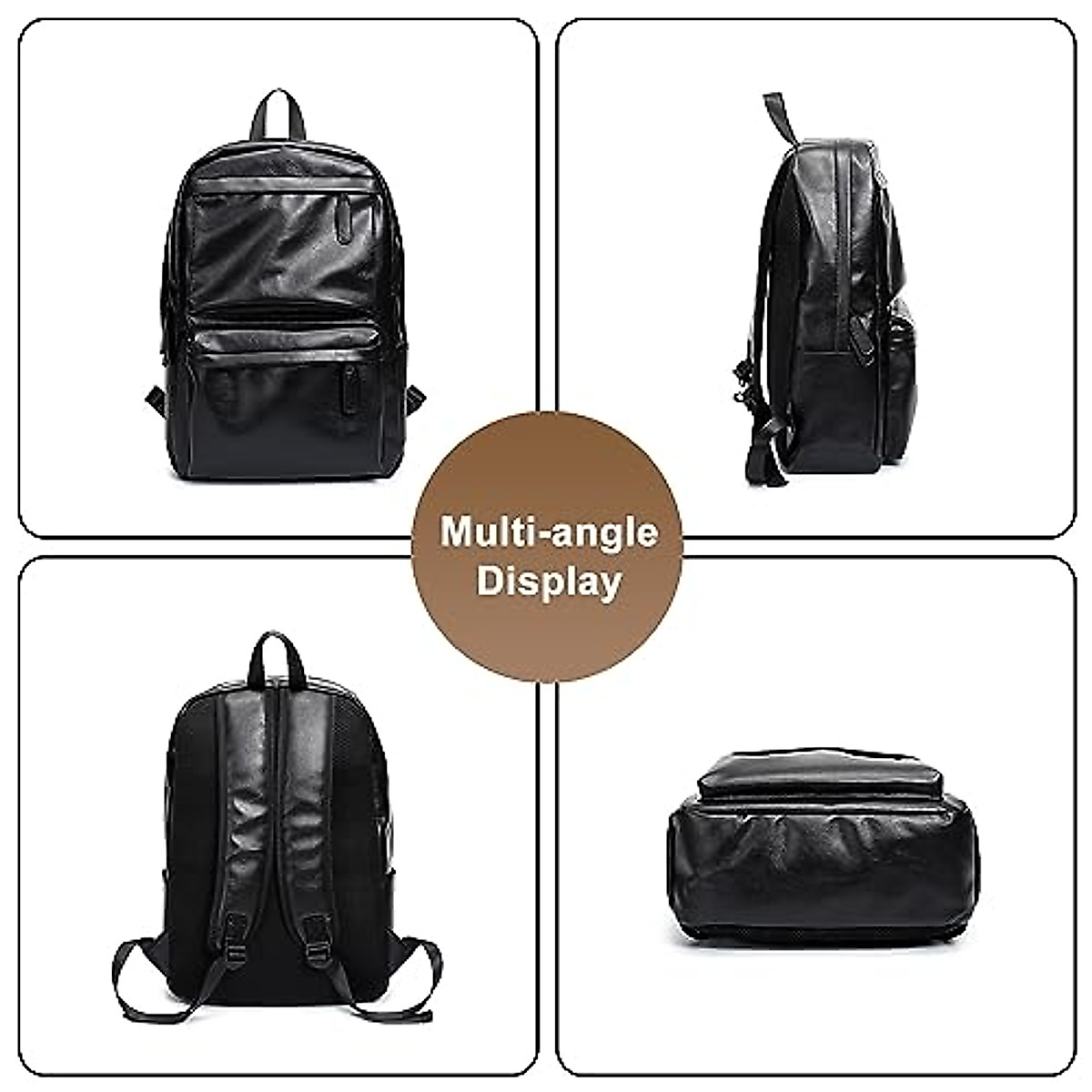 Men's 15 inch Laptop Backpack PU Leather Business Bookbag Large Capacity Casual Daypack for Work Commuting (Black)