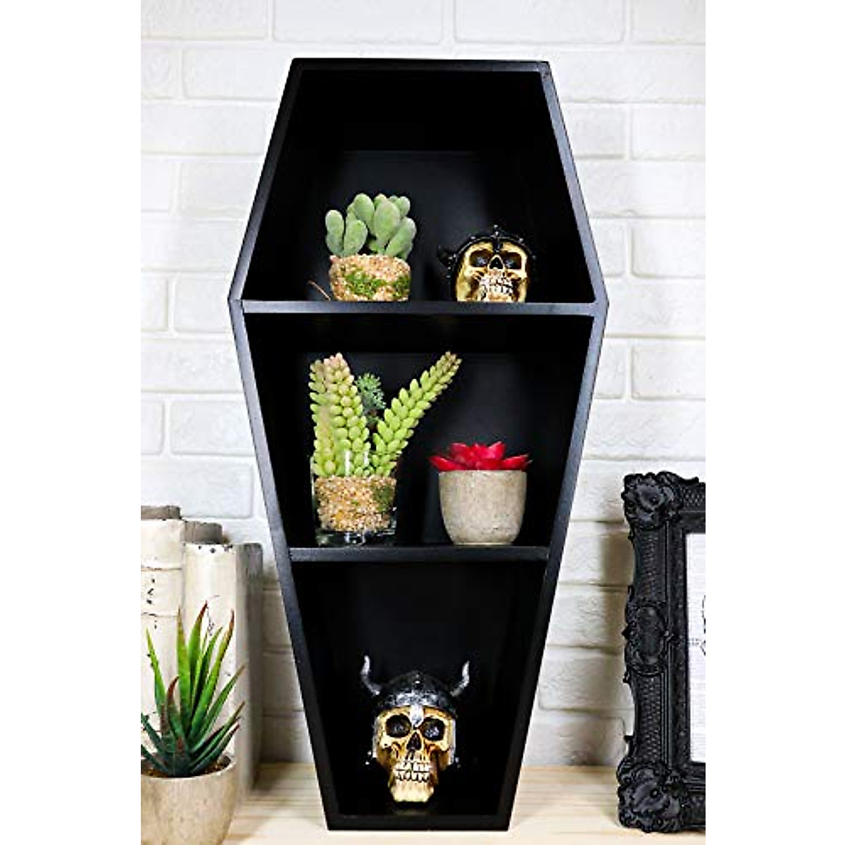 Ebros Gothic Graveyard Creepy Oddity Light Duty Black Coffin Casket Shelving Display Wall Hanging Floating MDF Wood Shelf with 3 Tiers 19.5" Tall 9.5" Wide Dead Alchemy Home Office Room Accent