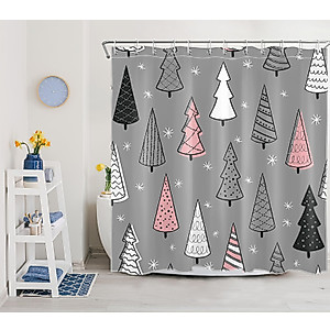 LB Christmas Tree Shower Curtain Black and White Pink XMAS Tree with Snowflake Grey Bathroom Shower Curtain Winter Holiday Bathroom Decor with Hooks 72Lx72W Inch Waterproof Polyester Bath Curtain