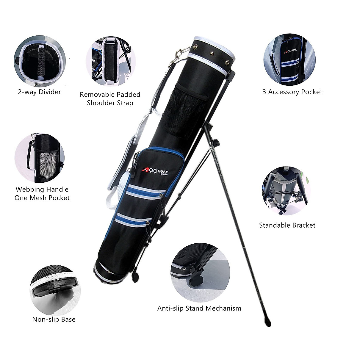 C9 A99 Golf Men's & Women's Practice Sunday Bag Range Pencil Carry Bag with Stand and Strap Golf Travel Bag Removable Top Black Great Gift for Golfer!