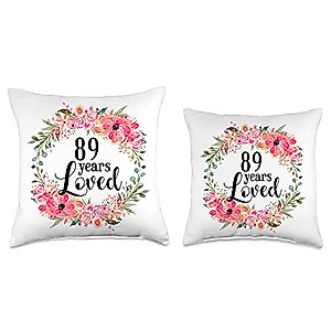 Floral 90 Years Loved Mom Grandma Birthday Gift Floral Loved 89 Year Old Grandma 89th Birthday Gift Throw Pillow, 16x16, Multicolor