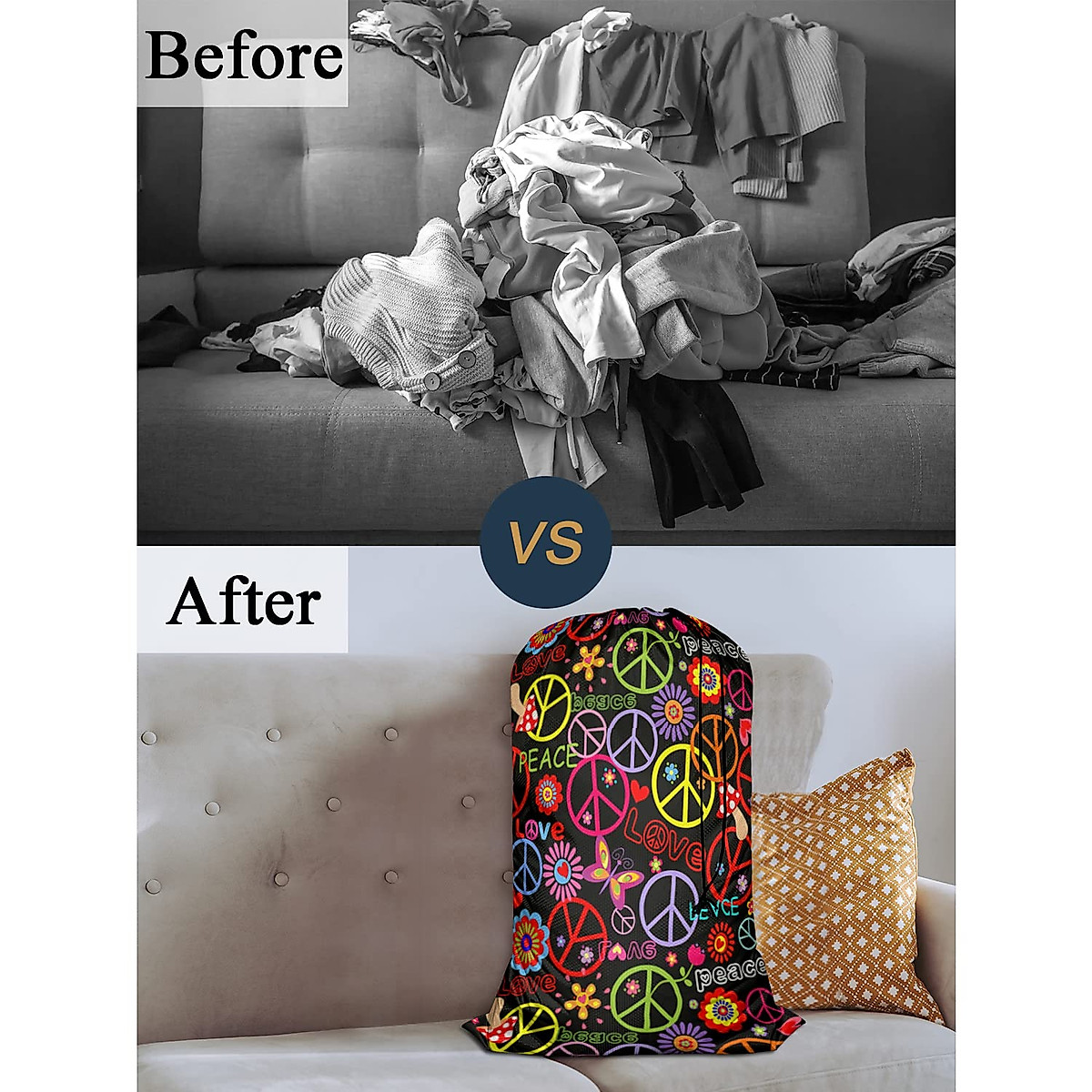 Swono Hippie Peace Symbol XL Laundry Bags, Drawstring Closure Dirty Clothes Bag Organizer, Heavy Duty Laundry Bag, Mushrooms Paisley Flowers Bags for Camp Travel, Machine Washable 28"x40", Colorful