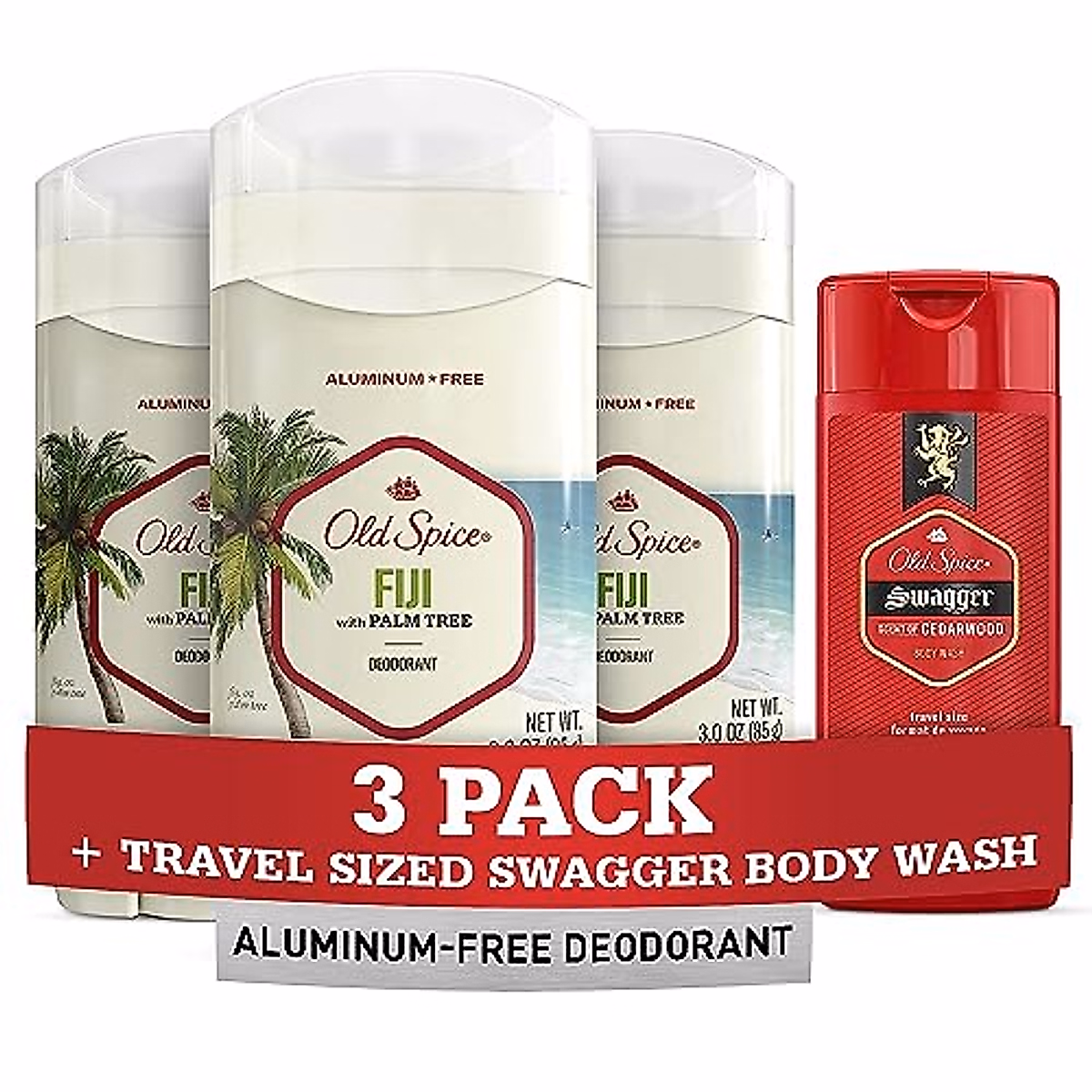 Old Spice Men's Deodorant Aluminum-Free Fiji with Palm Tree, 3oz (Pack of 3) with Travel-Size Swagger Body Wash