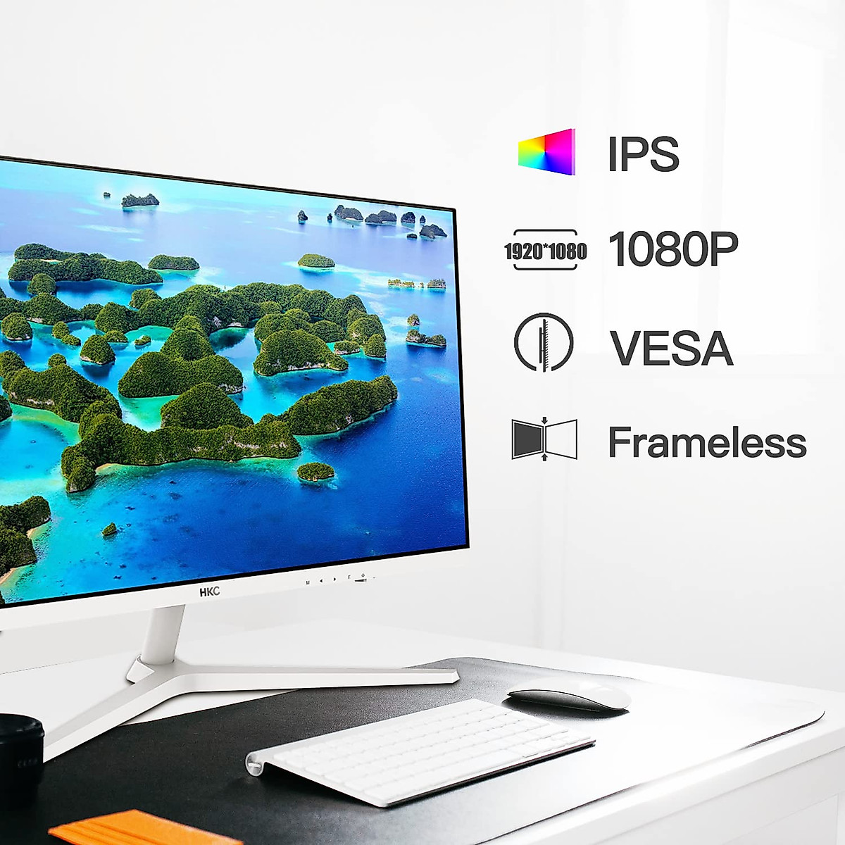HKC 24'' IPS FHD Frameless 1080P White Computer Monitor Eye Cared HDMI VGA Input 3 Years warrenty V2412W