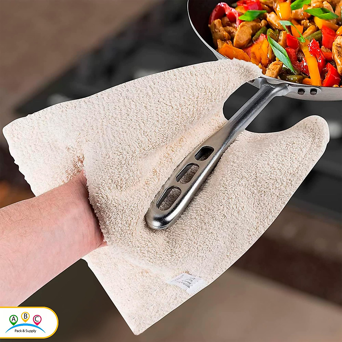 ABC Terry Cloth Pot Holders for Kitchen 9 x 12 Inch. Pack of 12 Natural Color Hot Pads for Kitchen. Washable Pot Holder with Hand Hole. Thick Cotton 460 F Heat Resistant Pot Holders