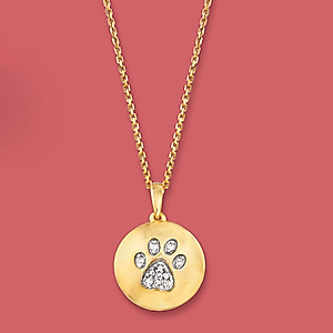 Ross-Simons Diamond-Accented Paw Print Circle Pendant Necklace in 18kt Gold Over Sterling. 18 inches