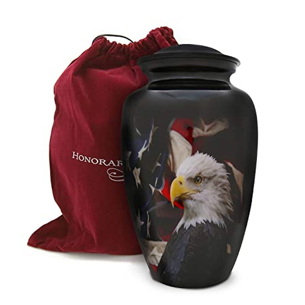 Honorary Memorials Patriotic Hearts Eagle Urn for Human Ashes | American Flag Cremation Urn for Adults, Cremation Urn for Veteran, Cremation Urns Medium Size, Handmade Funeral Urns with Velvet Bag