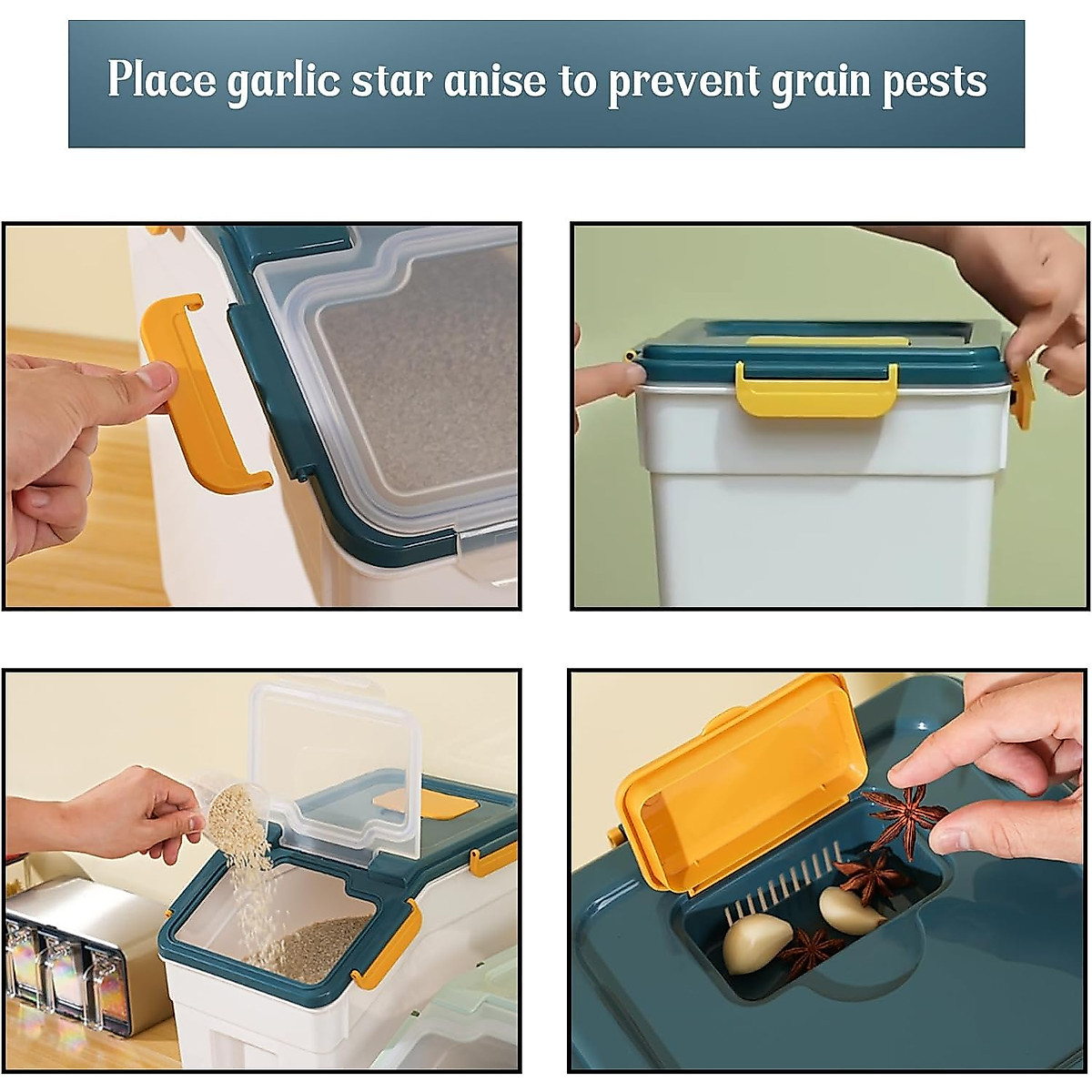 Rice Storage Container 50 lbs, 2 Pack Airtight Flour Storage Containers Bin with Measuring Cup & Scoop, BPA Free Plastic Rice Dispenser for Flour, Rice, Grain Holder Nuts and Dog Food - Dark Blue