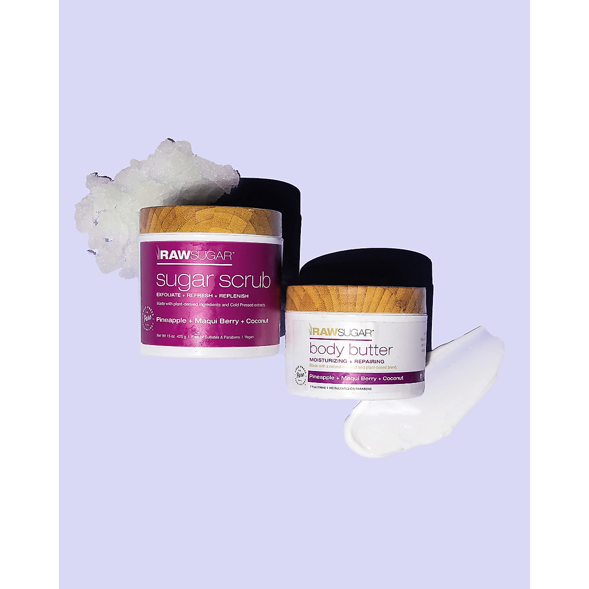 Raw Sugar Pineapple + Coconut + Maqui Berry Body Love Bundle - Body Wash, Body Scrub, Body Butter & Lip Balm, Clean, Made with Plant-Derived Ingredients, Formulated without Sulfates and Parabens