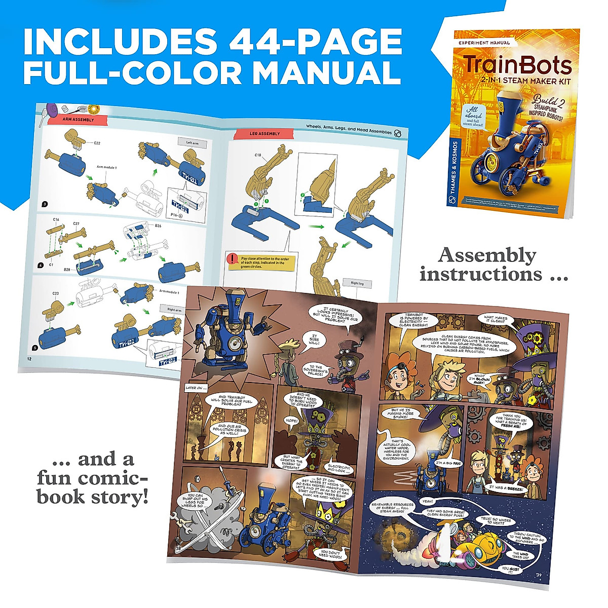 Thames & Kosmos TrainBots: 2-in-1 STEAM Maker Kit | Build 2 Steampunk Robots w/LED Lights | Explore Robots & Engineering | Includes Ultrasonic Atomizer | Ages 8+ with Help; 12+ for Independent Play