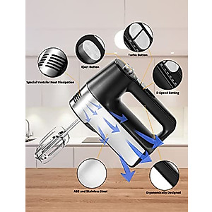 Hand Mixer Electric 5-Speed Handheld Kitchen Mixer for Cake, Egg White, Yeast Dough, Include 5 Stainless Steel Accessories, (2 Beaters, 2 Dough Hooks & 1 Whisk), with Eject/ Turbo Function, 450W Peak