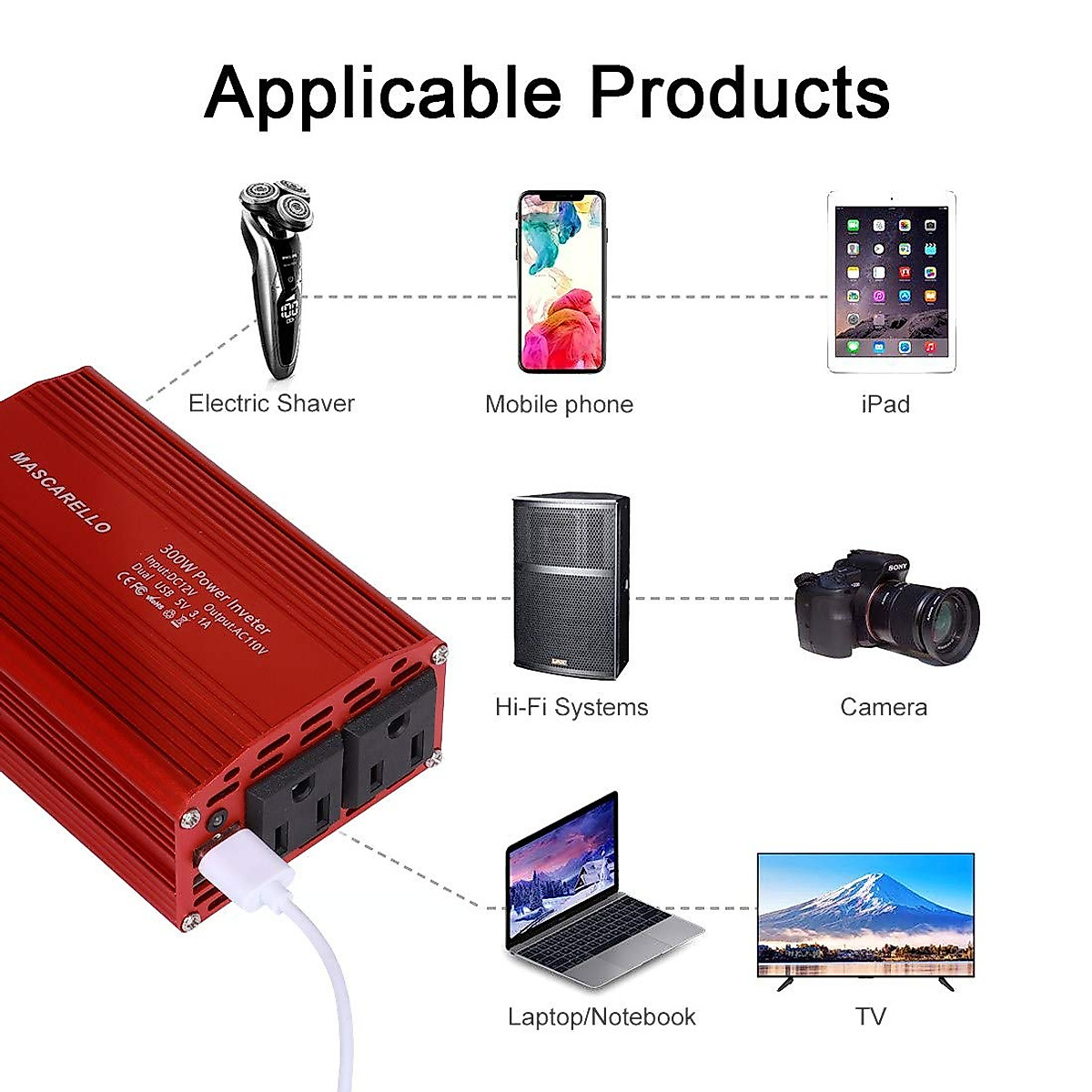 MASCARELLO 300w Car Power Inverter DC 12V to 110V AC Converter with AC Outlet and 5V/3.1A USB Car Charger for iPhone Laptop Notebook Camping(with Clip)