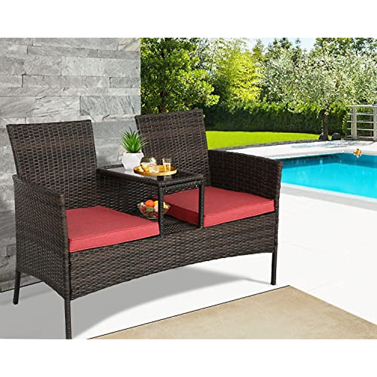 BPTD Outdoor Patio Loveseat Patio Furniture Set Rattan Patio Bistro Set Wicker Conversation Furniture Sets with Cushios and Built-in Coffee Table for Balcony, Lawn, Backyard (Brown/Red)