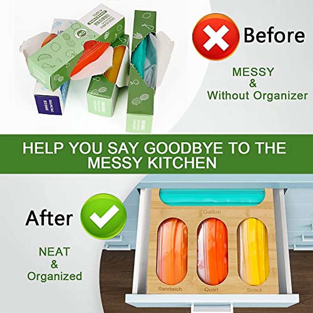 Zip Lock Bag Organizer, Kitchen Organization Storage, Bamboo Ziplock Tea Bag Organizer Baggie Holder for Snack Sandwich Food Storage Plastic Bags Organizers (1 Box 4 Slots)