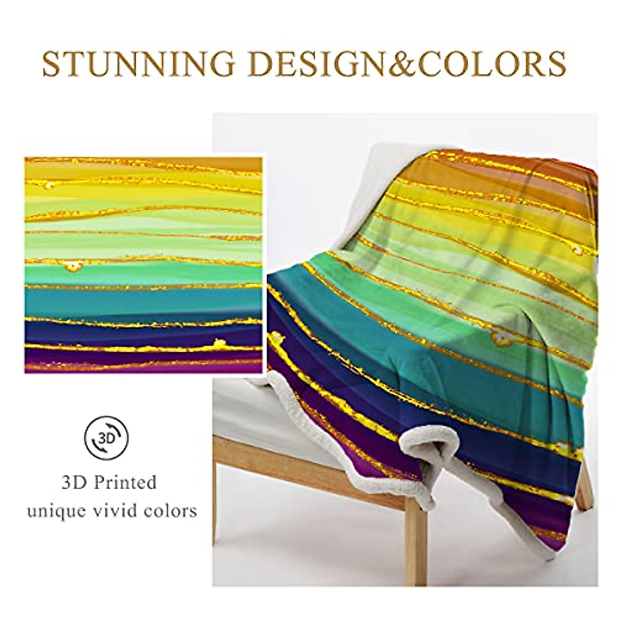 Colorful Glitter Rainbow Plush Fluffy Fleece Blanket, Faux Fur Throw Blanket, Super Soft Throw Blanket for Sofa, Couch and Bed