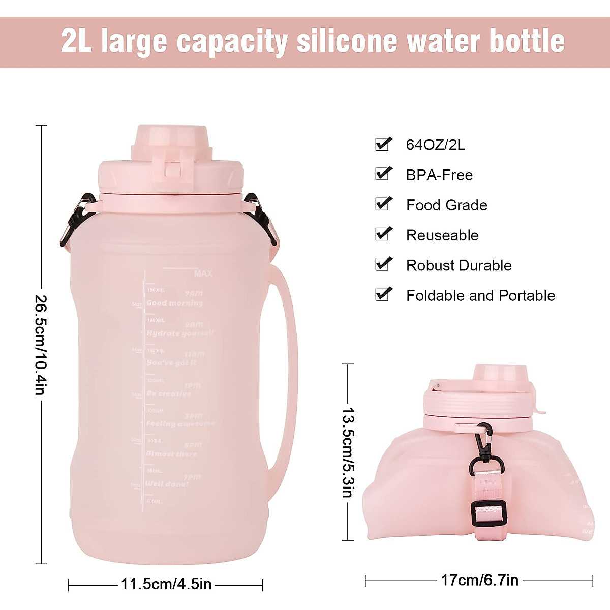 Collapsible Water Bottles, 2L/64OZ travel water bottle Bottle with Straw, Half Gallon Large Water Bottle for Travel Outdoor Sports Runing Fitness Yoga (Upgraded pink)