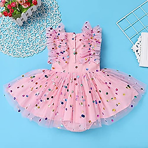 Newborn Baby Girls Tulle One Piece Romper Dress Colorful Polka Dots Print Ruffles Sleeve Bodysuit Toddler Girl Tutu Dress Birthday Photography Summer Clothes Pink Dots 12-18 Months