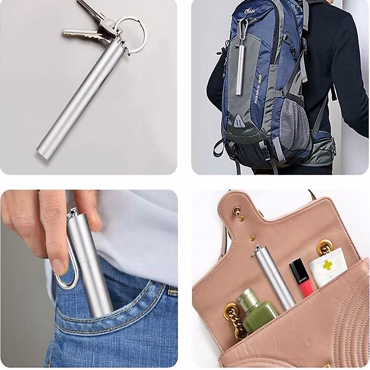 Hoshen Reusable Three-Section Foldable Metal Straw, Portable Telescopic Straw, Including Brush and Small Carabiner (Aluminum Alloy Shell), Black, 2 PCS