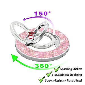 ROMSEA Magnetic Phone Ring Holder Stand, Adjustable Finger Ring Grip Collapsible Kickstand Compatible with for iPhone 14 13 12 Mag Safe Case Removable for Wireless Charging, Pink…