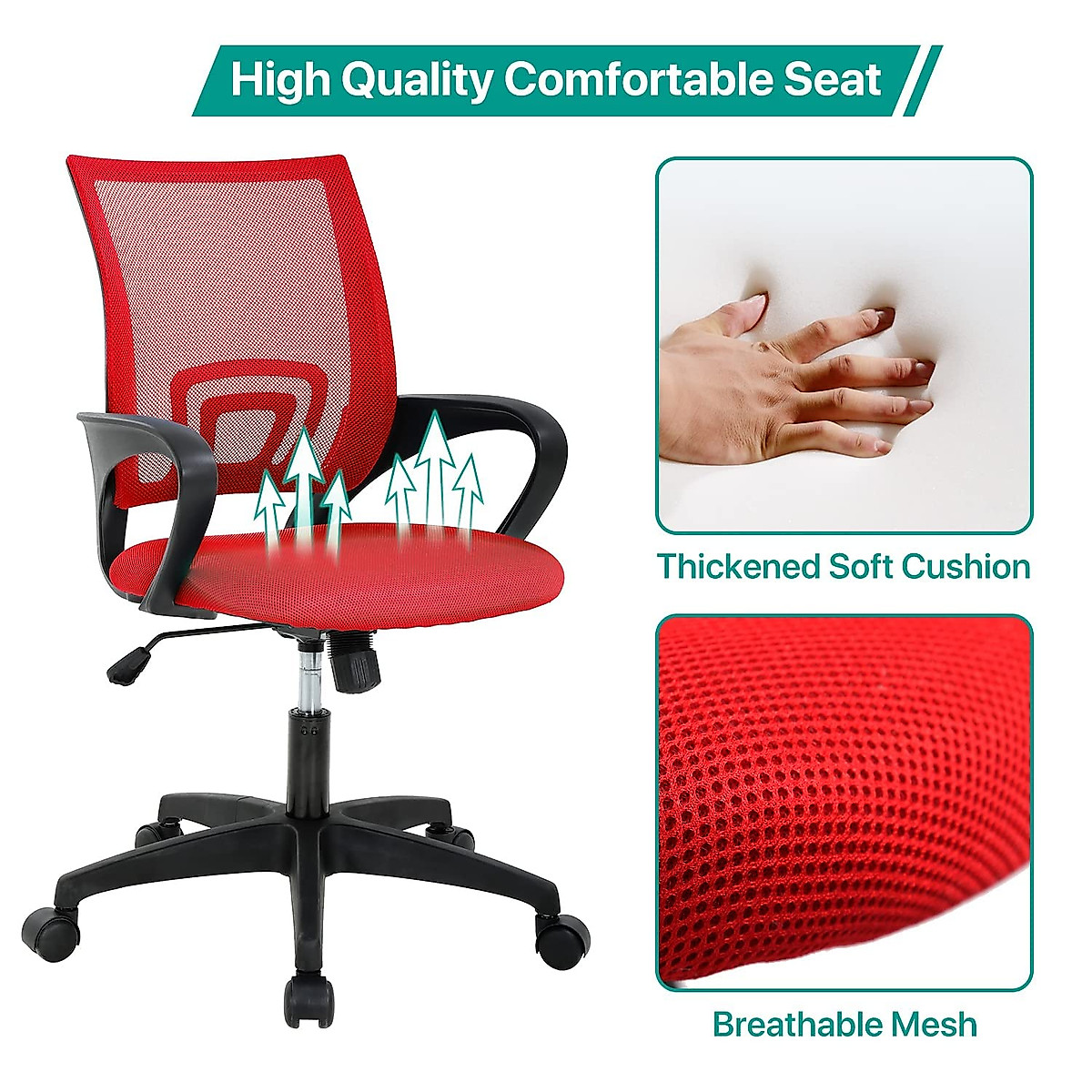Office Chair Ergonomic Desk Chair Mesh Adjustable Computer Chair Comfortable Adjustable Height Executive Task Chair with Wheel Armrests for Adults Kids, Red