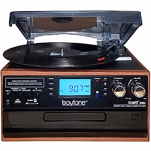 Boytone BT-22MS, Bluetooth Record Player Turntable, AM/FM Radio, Cassette, CD Player, 2 Built in Speaker, Ability to Convert Vinyl, Radio, Cassette, CD to MP3 Without a Computer, SD Slot, USB, AUX