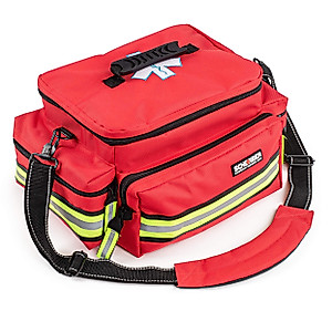 Scherber First Responder Fully-Stocked Professional Essentials EMT/EMS Trauma Kit | HSA/FSA Approved | Reflective Bag w/8 Zippered Pockets & Compartments & 200+ First Aid Supplies - Red