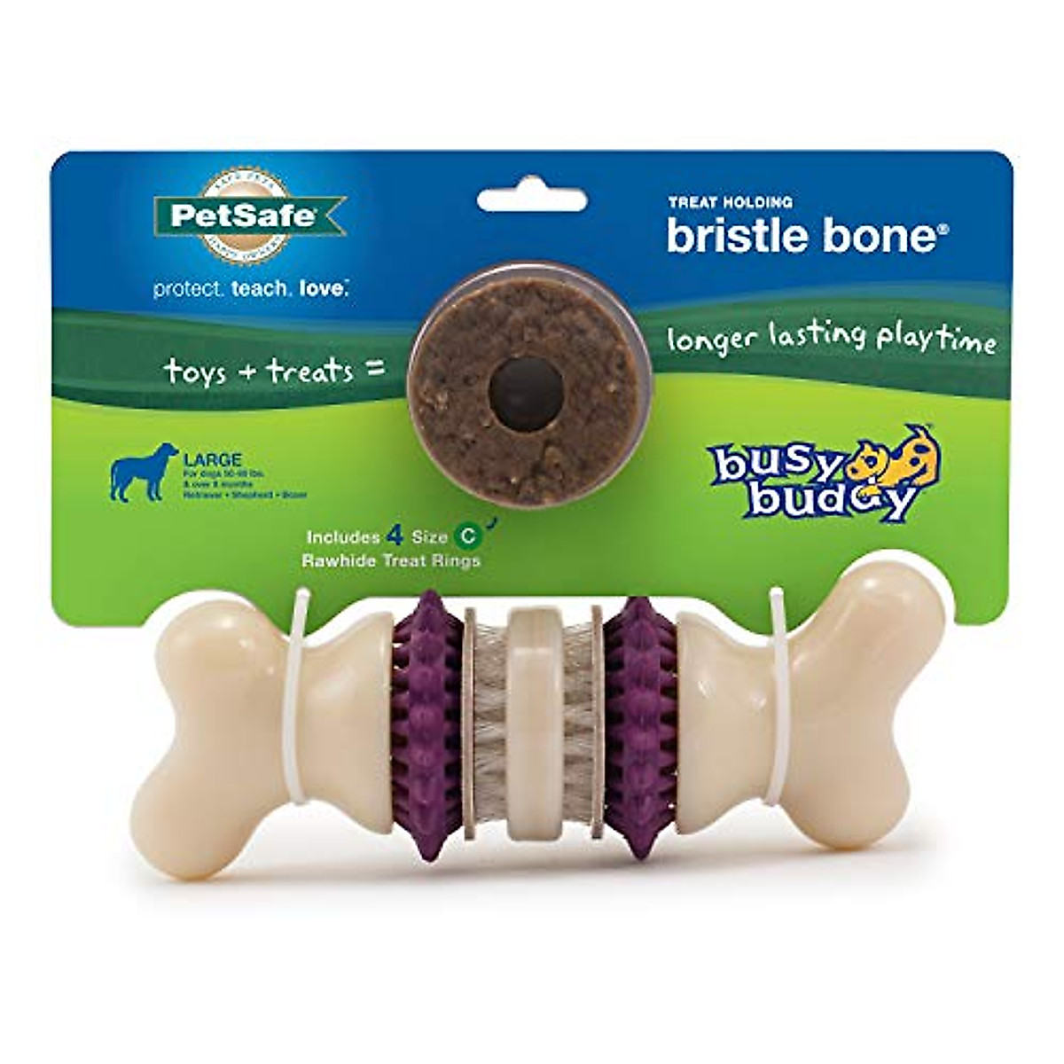 PetSafe Busy Buddy Bristle Bone - Treat-Holding Toy for Dogs - Treat Rings Included - Treats Thoroughly Mixed During Bake to Prevent Choking - Rigorously Tested Ingredients - Purple, Medium