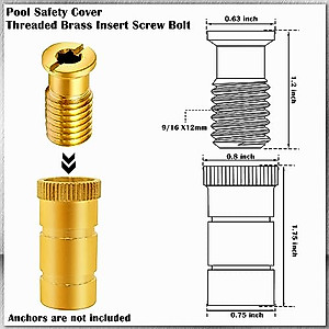 10 Pieces Brass Pool Cover Anchors Screws Pool Safety Cover Anchor Replacement Kit, Heavy Duty Pool Cover Anchors Concrete
