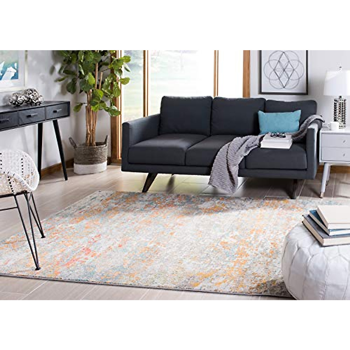 SAFAVIEH Madison Collection Area Rug - 9' x 12', Grey & Orange, Modern Abstract Design, Non-Shedding & Easy Care, Ideal for High Traffic Areas in Living Room, Bedroom (MAD460F)