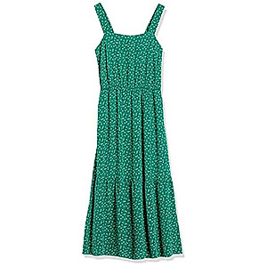 Amazon Essentials Women's Fluid Twill Tiered Fit and Flare Dress, Green Vine Print, X-Large