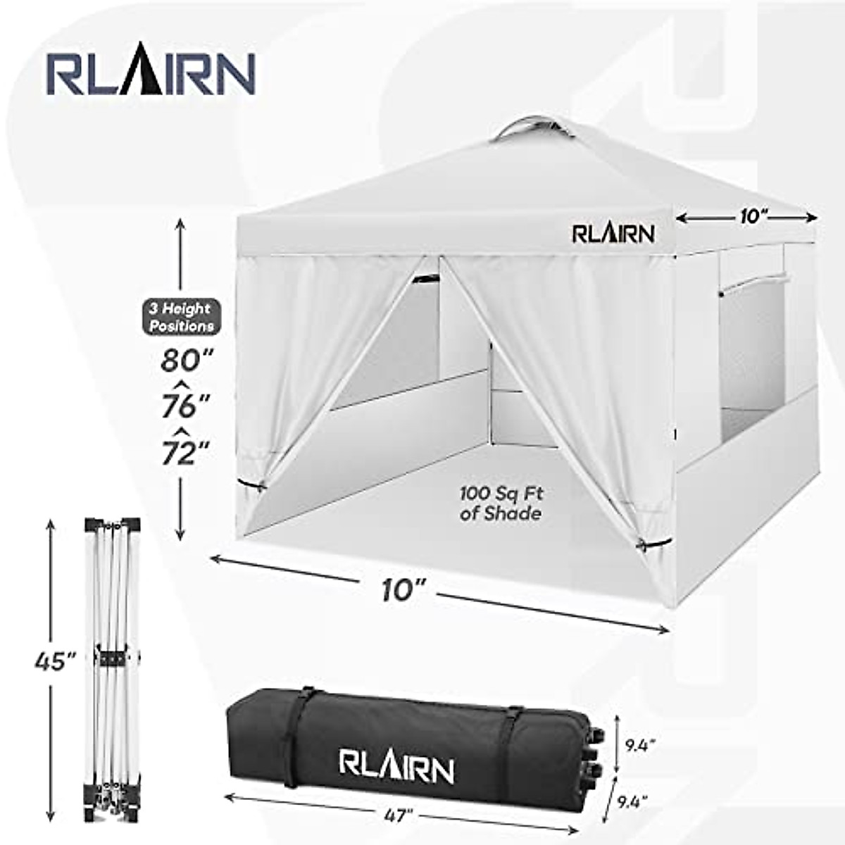 Ez Pop Up Canopy Tent, RLAIRN 10'X10' Waterproof Instant Gazebo Canopy with 3 Adjustable Height and 4 Removable Sidewalls, UPF50+ Folding Instant Pop Up Gazebo Canopy Shade Tent with Mesh Windows