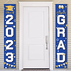 Ivenf 2023 Graduation Party Decorations, Class of 2023 Congrats Grad Banner, Graduation Porch Sign, Blue and White Graduation Decoartions Hanging Banner Photo Props for Home School Graduation Party