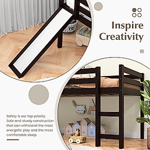 NAFORT Twin Loft Bed with Slide, Low Loft Bed with Stairs, Solid Wood Twin Loft Bed Frame for Girls Boys with Climbing Ladders Guard Rails and Slat Support (Espresso)