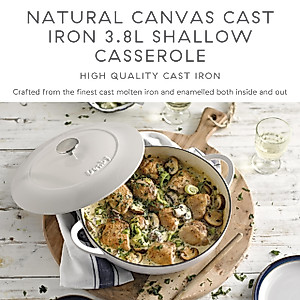 Denby - Natural Canvas White Cast Iron Casserole Dish Shallow - Dutch Oven, Oven Safe Pot, Enamelled - 3.8L Capacity, 11.8in - Serves 4-6 People