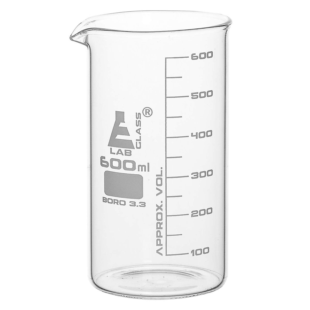 EISCO 6PK Beakers, 600ml - Tall Form with Spout - White, 50ml Graduations - Borosilicate 3.3 Glass