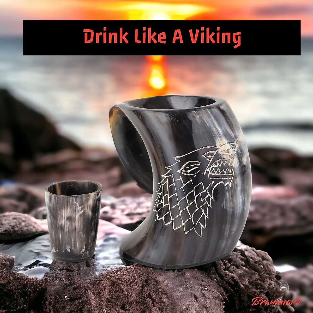 Brainmart Viking Drinking Horn Mug Set Dire Wolf Engraved Viking Gift for Men and Women Food Grade Medieval Style | Bottle Opener Shot Cup (6 Pcs Set)