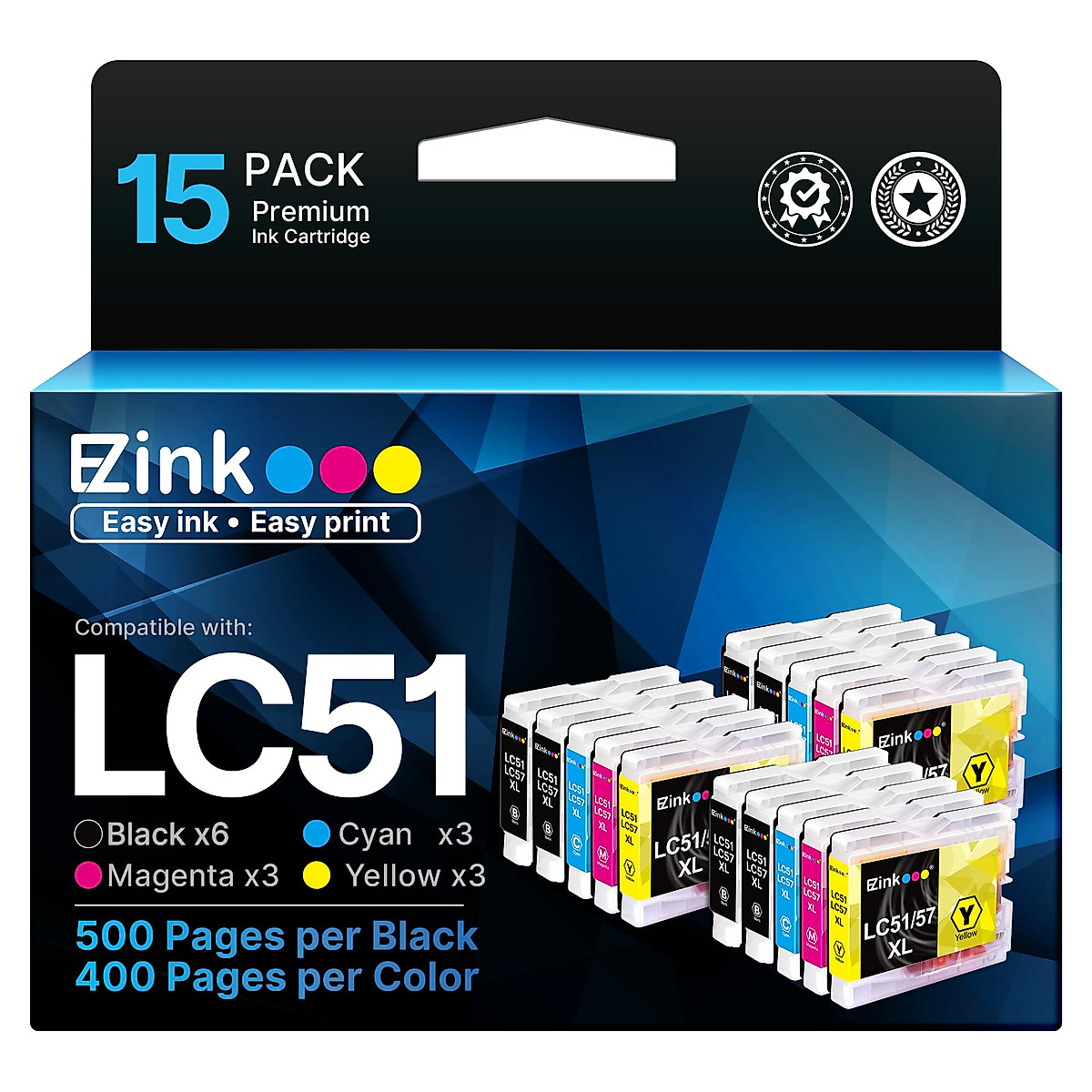 E-Z Ink (TM Compatible Ink Cartridge Replacement for Brother LC51 LC-51 LC51BK LC51C LC51M LC51Y Compatible with MFC-440CN MFC-465CN MFC-665CW Printer (6 Black, 3 Cyan, 3 Magenta, 3 Yellow) 15 Pack