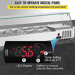 VEVOR Refrigerated Condiment Station, 55-Inch, 13.8Qt Sandwich Prep Table with 3 1/3 4 1/6 Pans, 150W Salad Bar with 304 Stainless Body Tempered Glass Shield Digital Temp Display Auto Defr, Silver