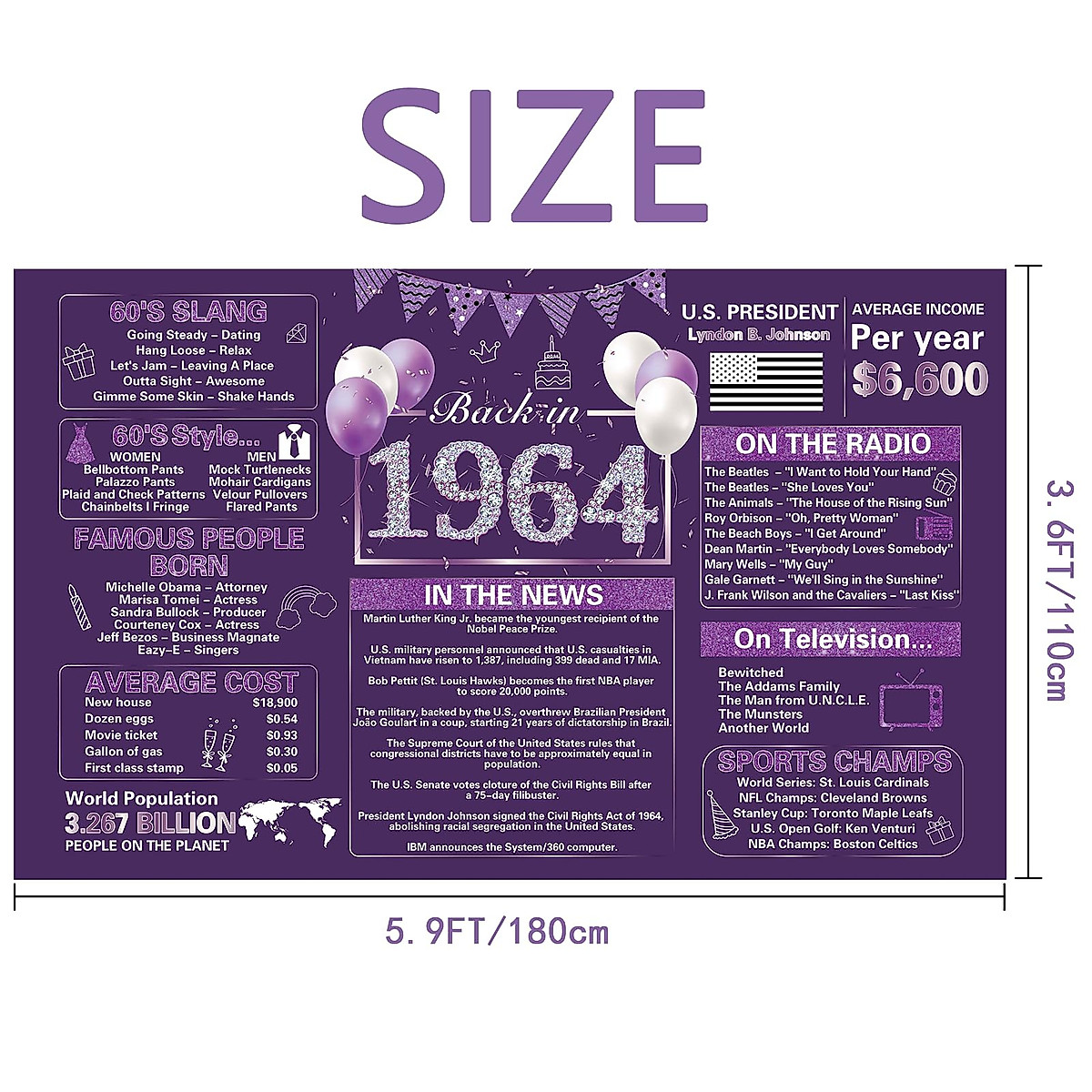 Crenics Purple 60th Birthday Decorations for 1964, Back in 1964 Birthday Backdrop Banner 5.9 x 3.6 Ft, 60 Years Old Birthday Party Supplies for Women